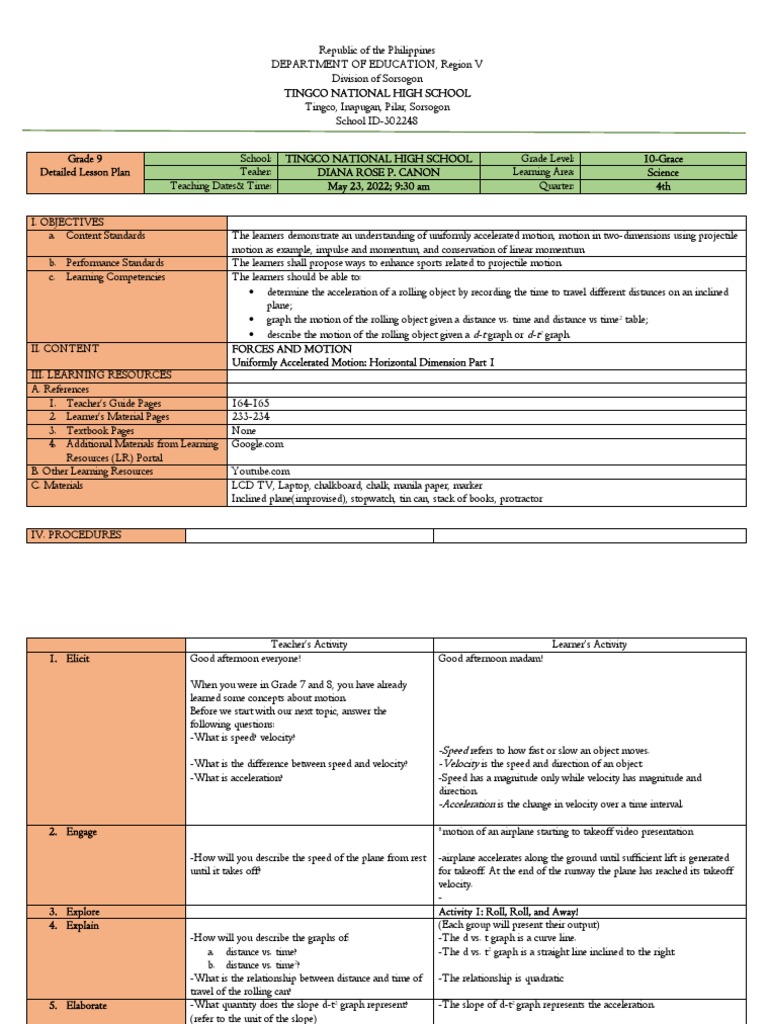 Detailed Lesson Plan in Uniformly Accelerated Motion | PDF | Velocity | Speed