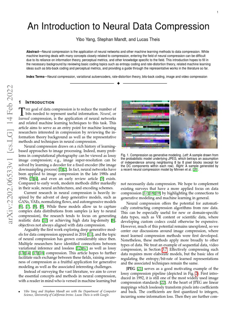 An Introduction To Neural Data Compression: Yibo Yang, Stephan Mandt, and Lucas Theis | PDF ...
