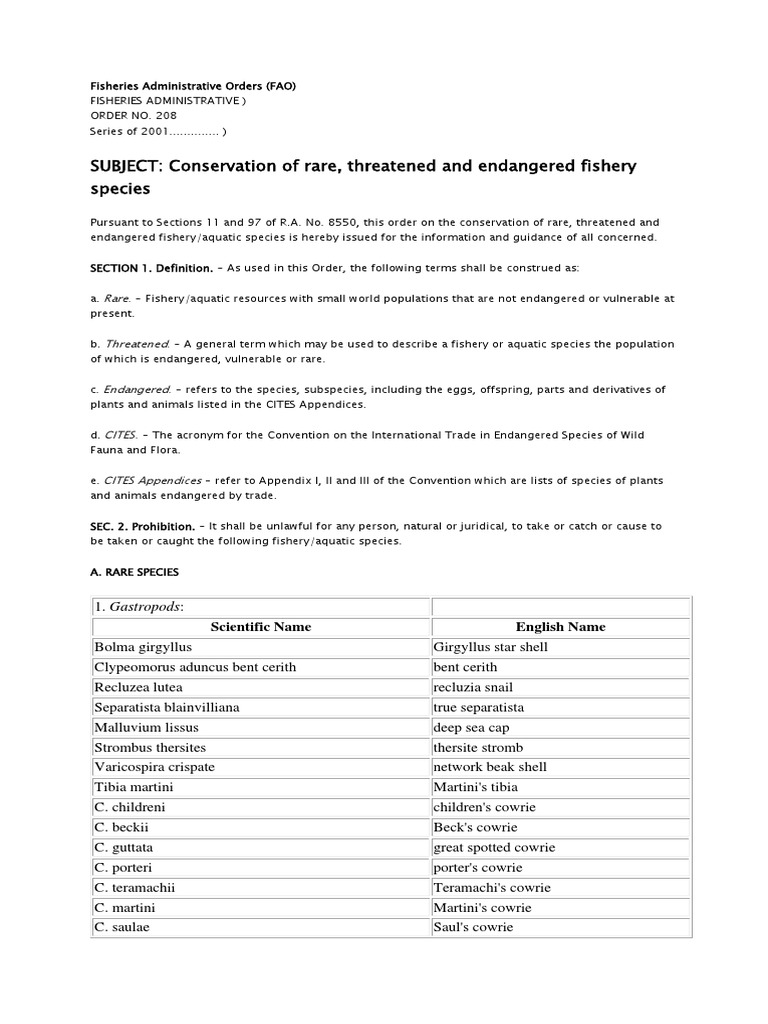 FAO 208 (2001) Conservation of Rare, Threatened and Endangered Fishery ...
