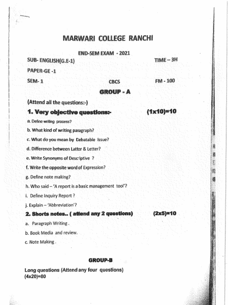 English GE Marwari College Question Paper | PDF