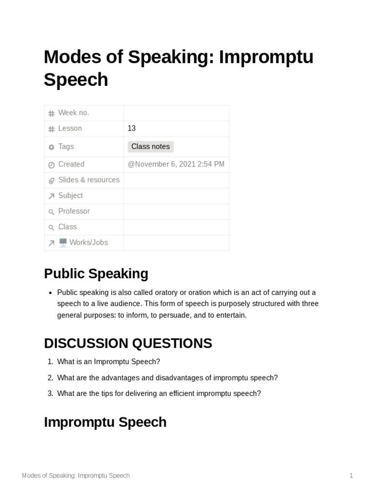 Modes of Speaking: Impromptu Speech | PDF | Public Speaking | Gesture