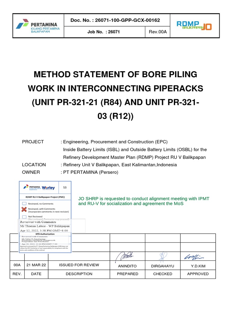 26071-100-GPP-GCX-00162 - Method Statement of Bore Piling Work in Interconnecting Piperacks ...