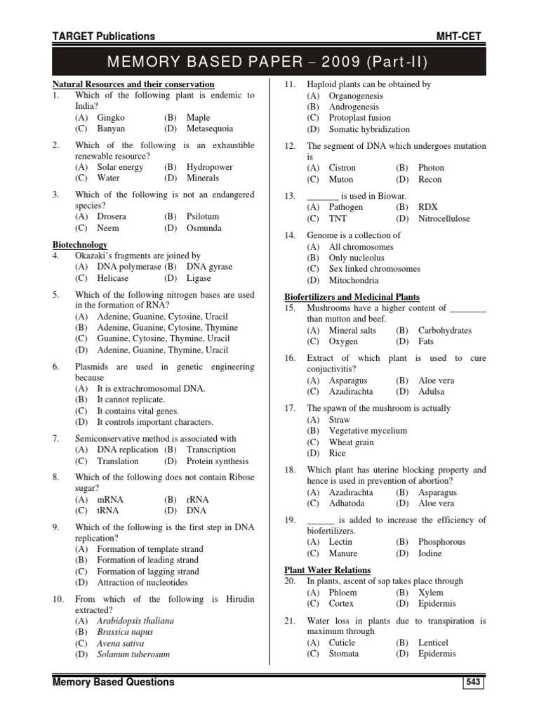 MHT Cet 2009 Biology | PDF | Dna | Peritoneum