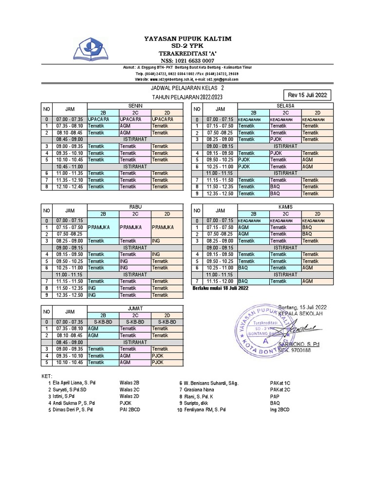Jadwal Kelas 2 Rev 150722 | PDF
