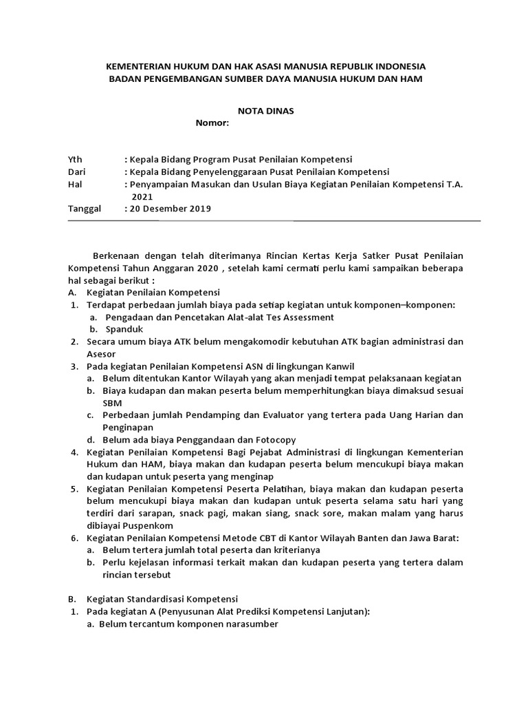 Nota Dinas Usulan RKAKL 2020 | PDF