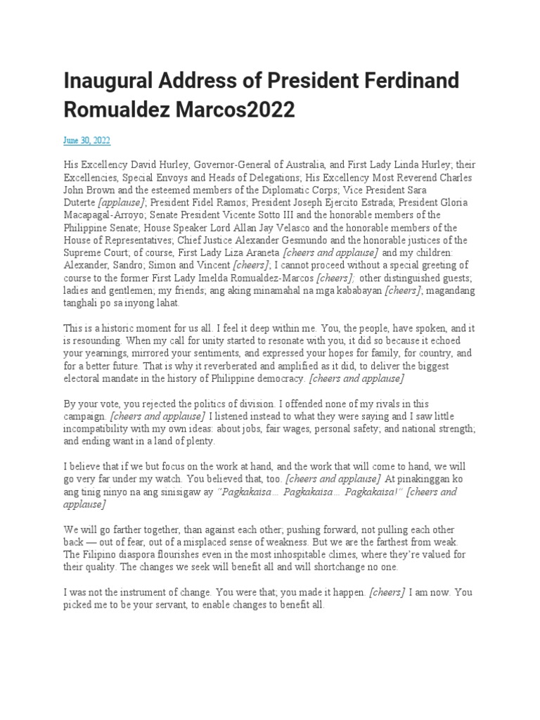 Inaugural Address of President Ferdinand Romualdez Marcos2022 | PDF