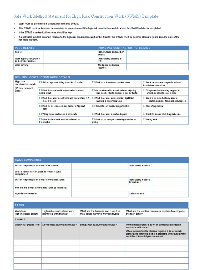 Safe Work Method Statement For High Risk Construction Work (SWMS ...