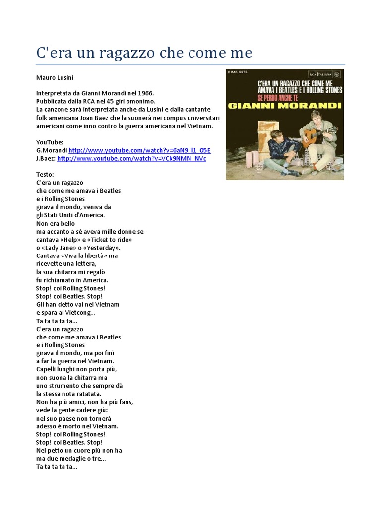 Testo C'era Un Ragazzo | PDF