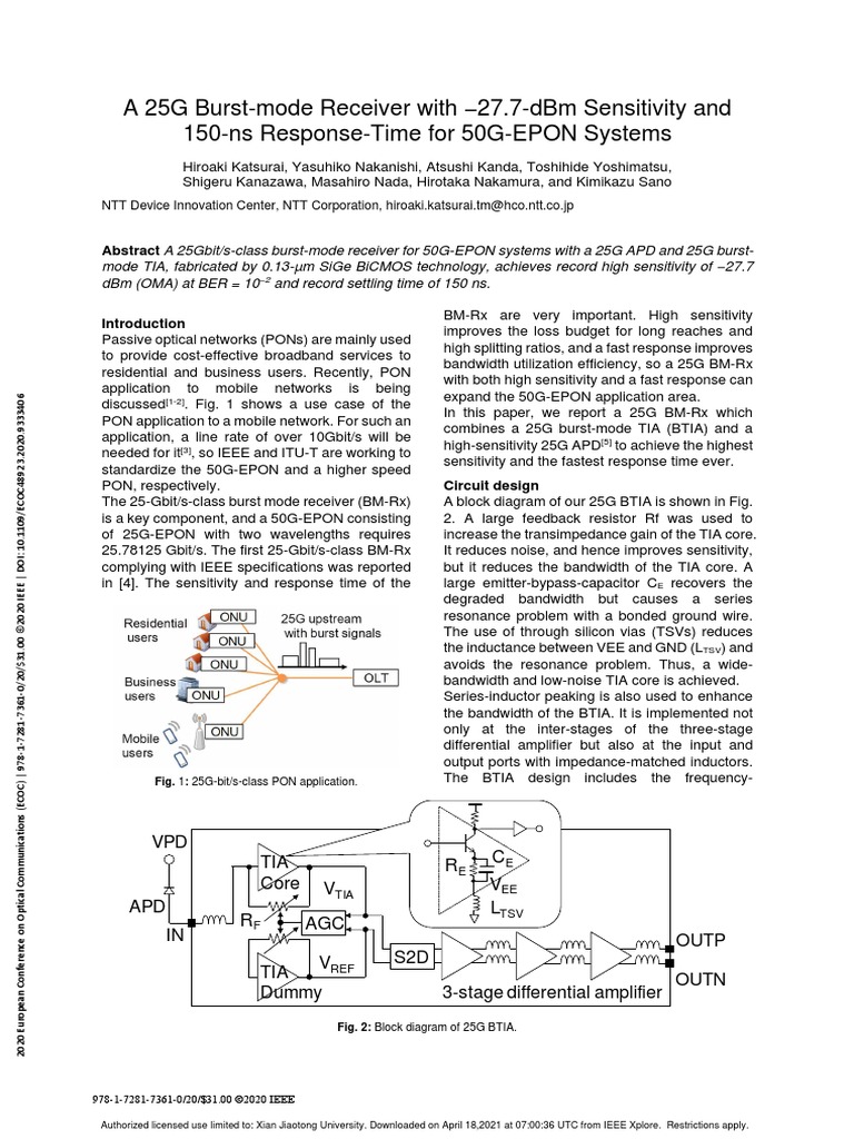 A 25G Burst-Mode Receiver With 27.7-Dbm Sensitivity and 150-Ns Response ...