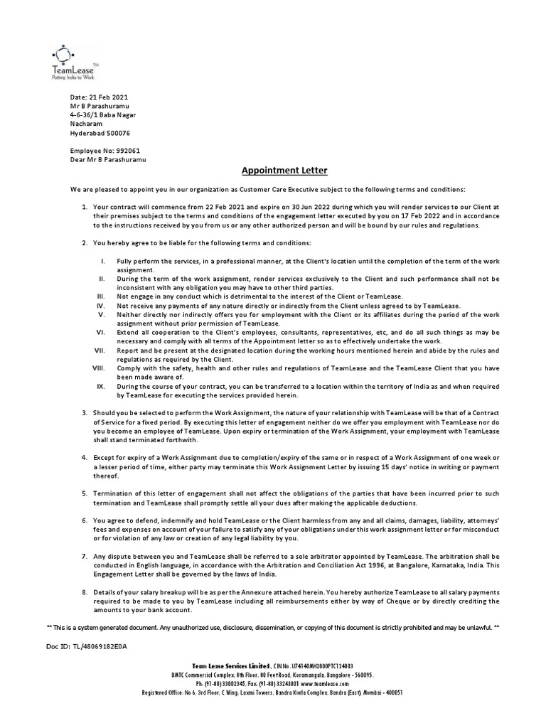 Appointment Letter | PDF | Employment | Contractual Term