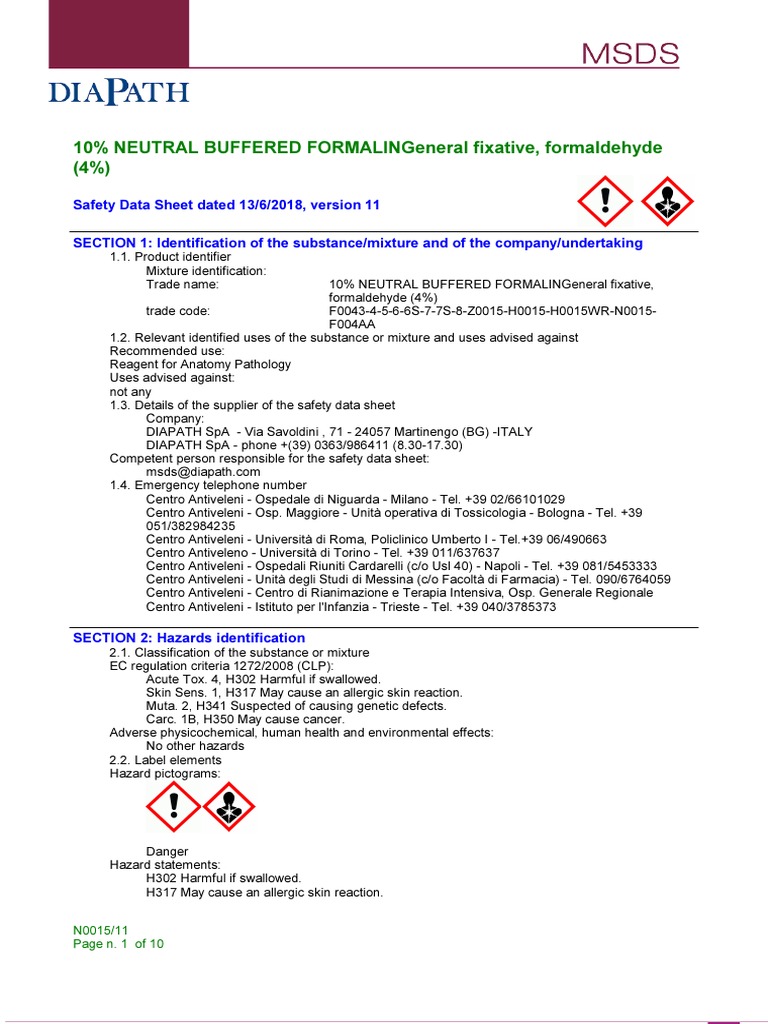10% Neutral Buffered Formalin SDS | PDF | Toxicity | Dangerous Goods
