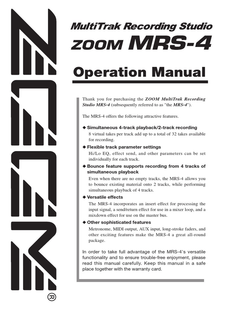 Operation Manual: Studio MRS-4 (Subsequently Referred To As "The MRS-4 ...
