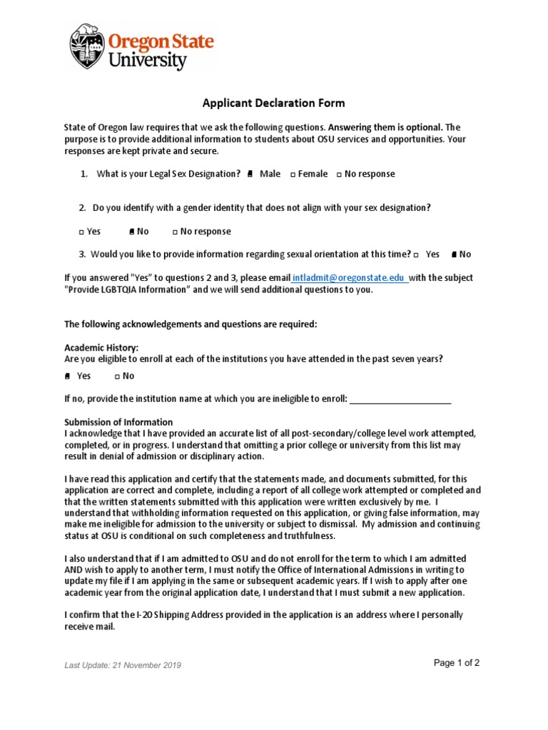 OSU Applicant Declaration Form | PDF | University And College Admission ...