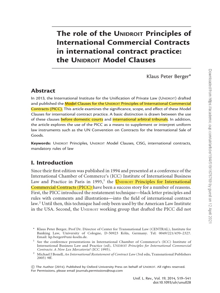 Berger - Unidroit Model Clauses | PDF | Ethical Principles | Legal Concepts