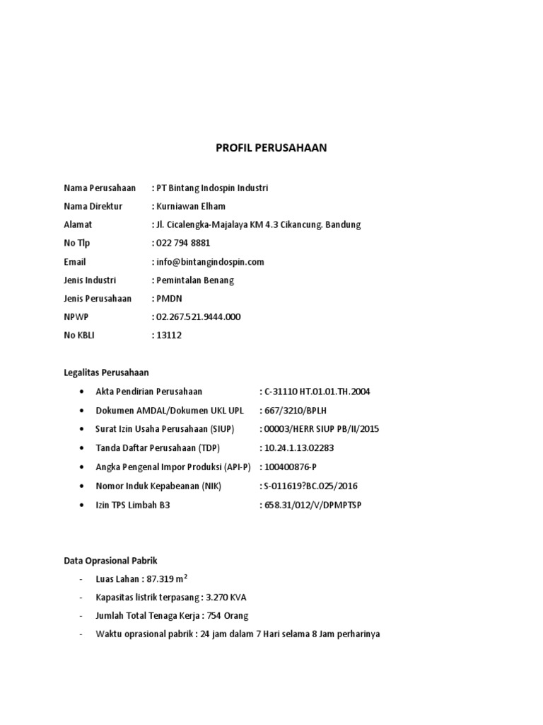 Profil PT Bintang Indospin Industri | PDF