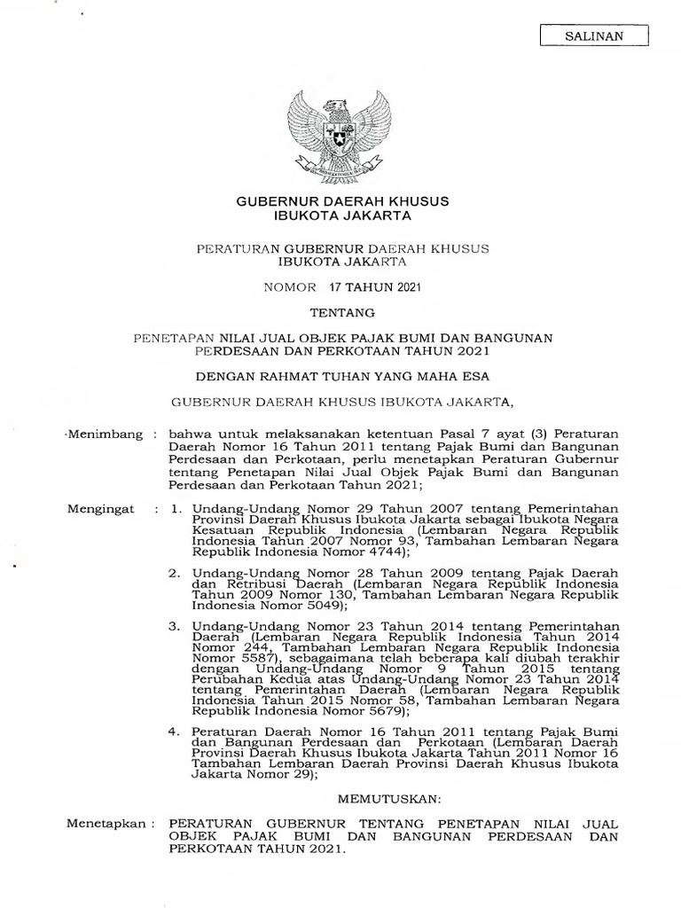 Pergub Nomor 17 Tahun 2021 TTG Penetapan Njop Pbb-p2 Tahun 2021 | PDF