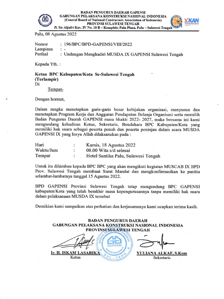 Undangan MUSDA GAPENSI Sulteng | PDF