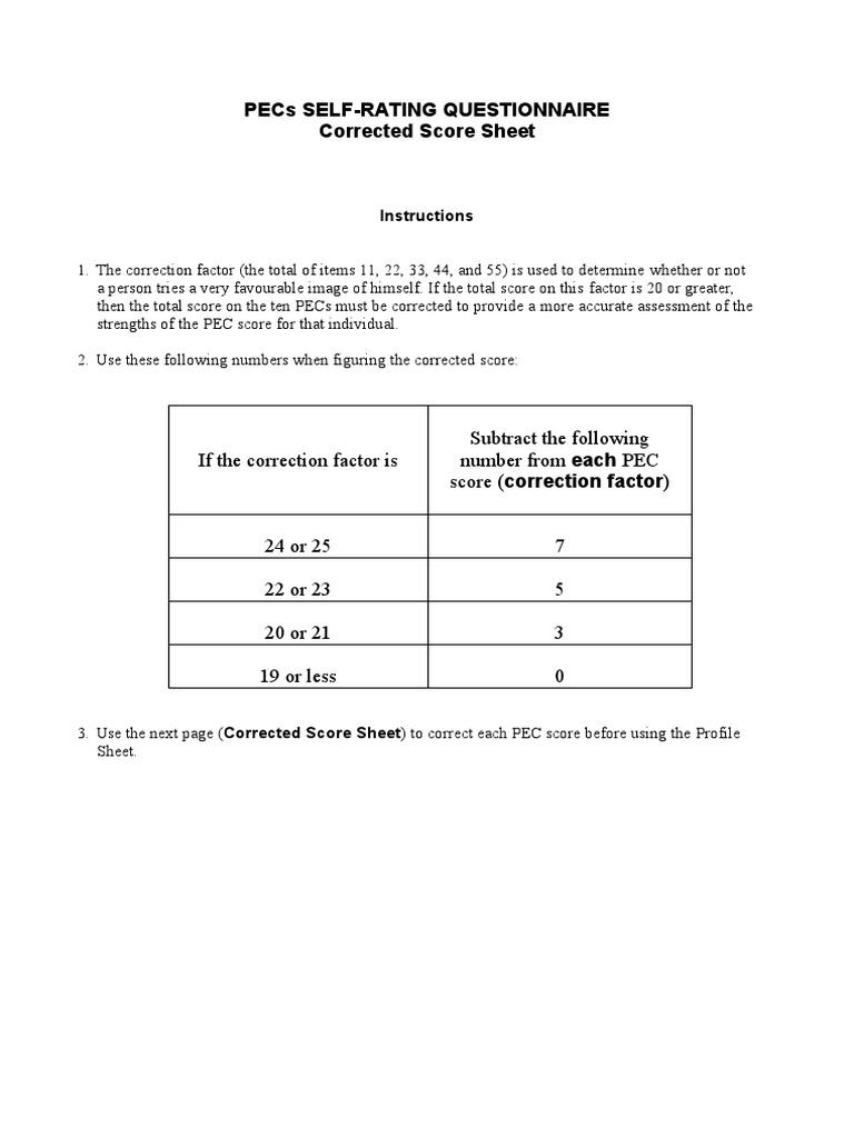 Pecs Self-Rating Questionnaire Corrected Score Sheet | PDF | Behavioural Sciences | Psychology