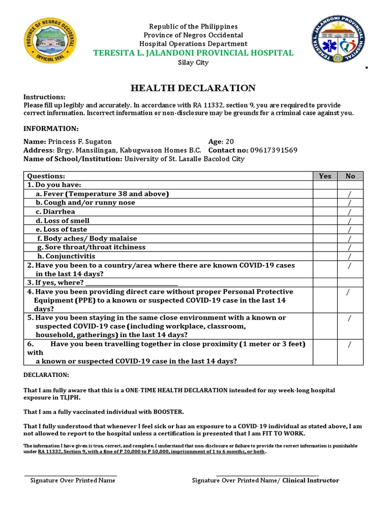 Health Declaration: Teresita L. Jalandoni Provincial Hospital | PDF ...