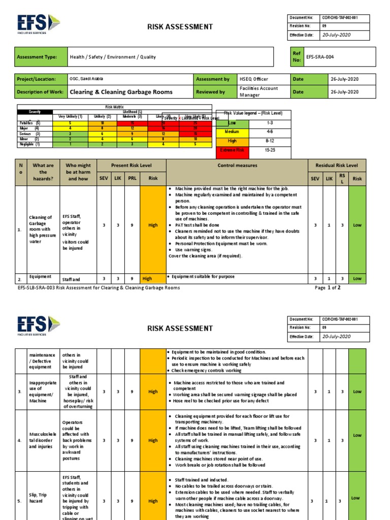 EFS-SLB-SRA-003 Risk Assessment For Garbage Room Cleaning | Download ...