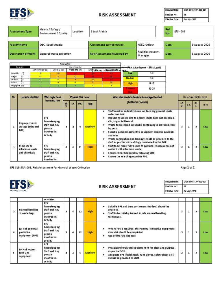 General Waste Collection Risk Assessment | PDF | Personal Protective ...