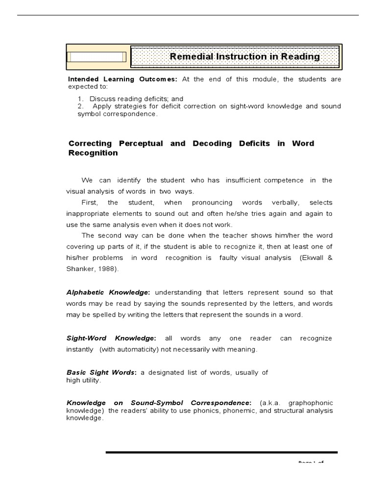 Remedial Instruction in Reading: Correcting Perceptual and Decoding ...