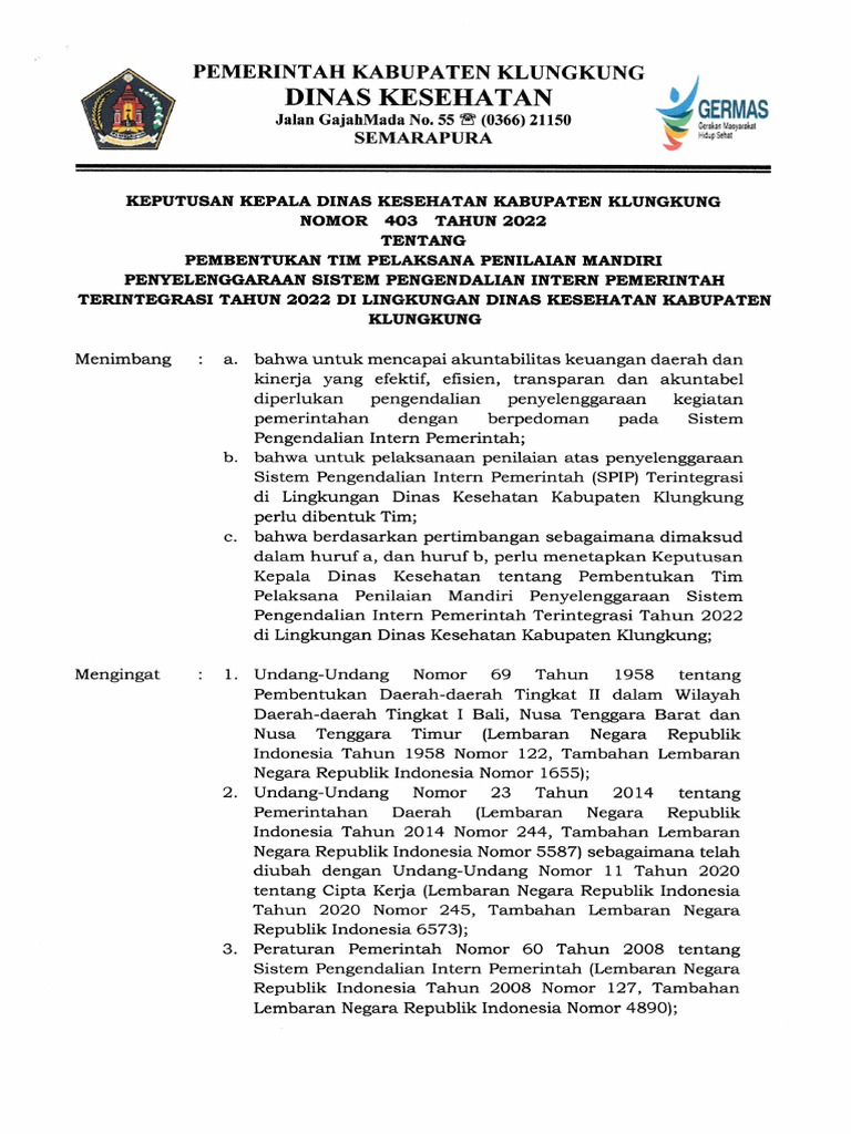 SK Nomor 403 TH 2022 Tim Penilaian Mandiri SPIP Dinkes | PDF