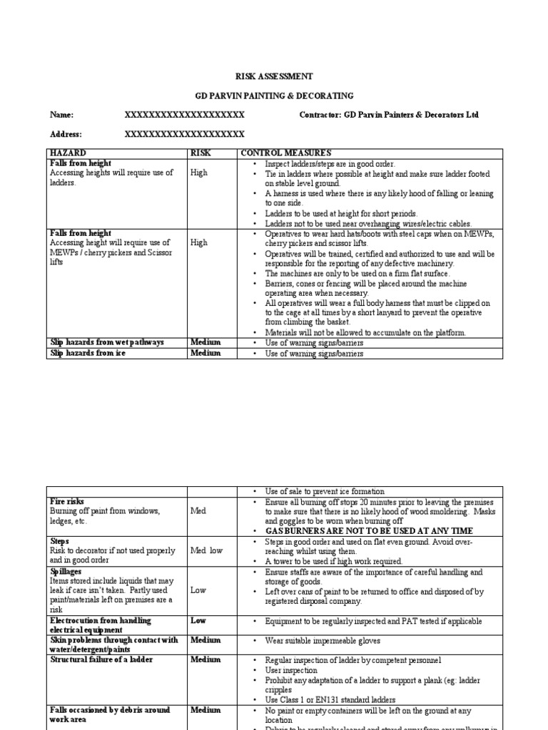 Risk Assessment Example | PDF | Paint | Ladder