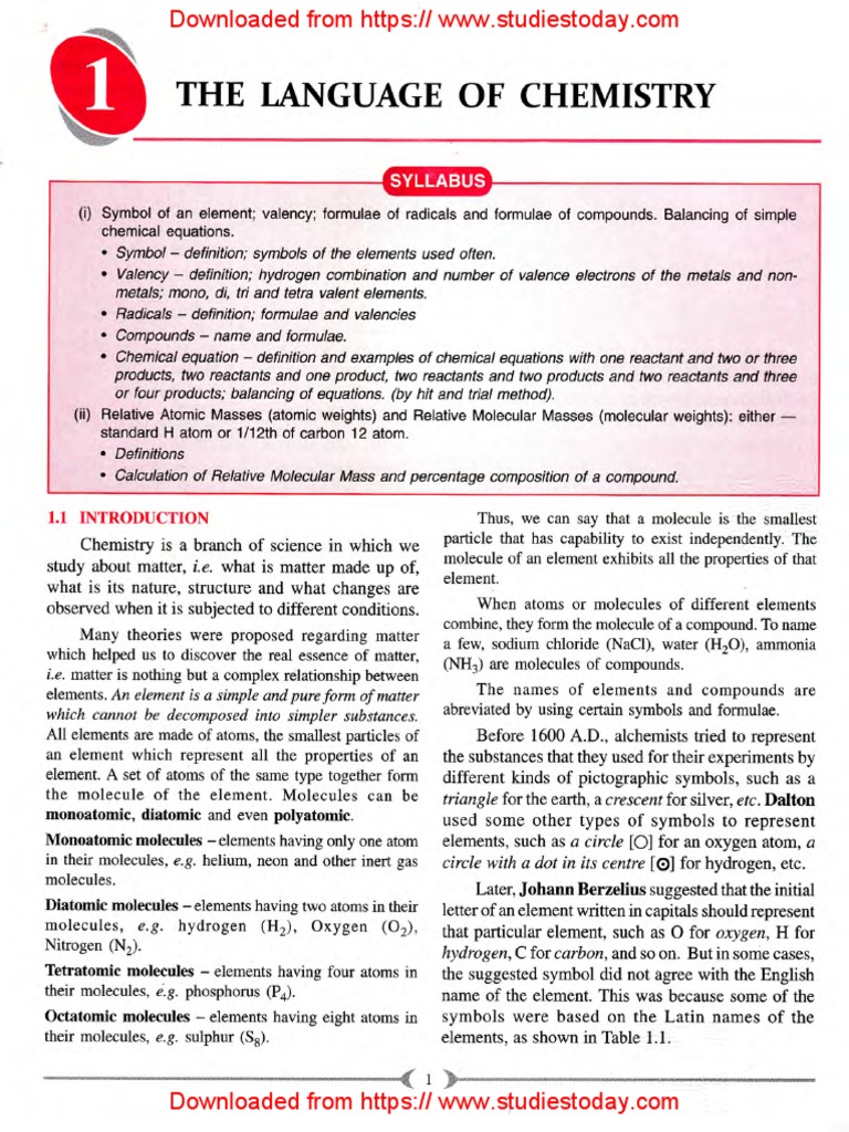 ICSE Class 9 Chemistry Chapter 01 The Language of Chemistry | PDF