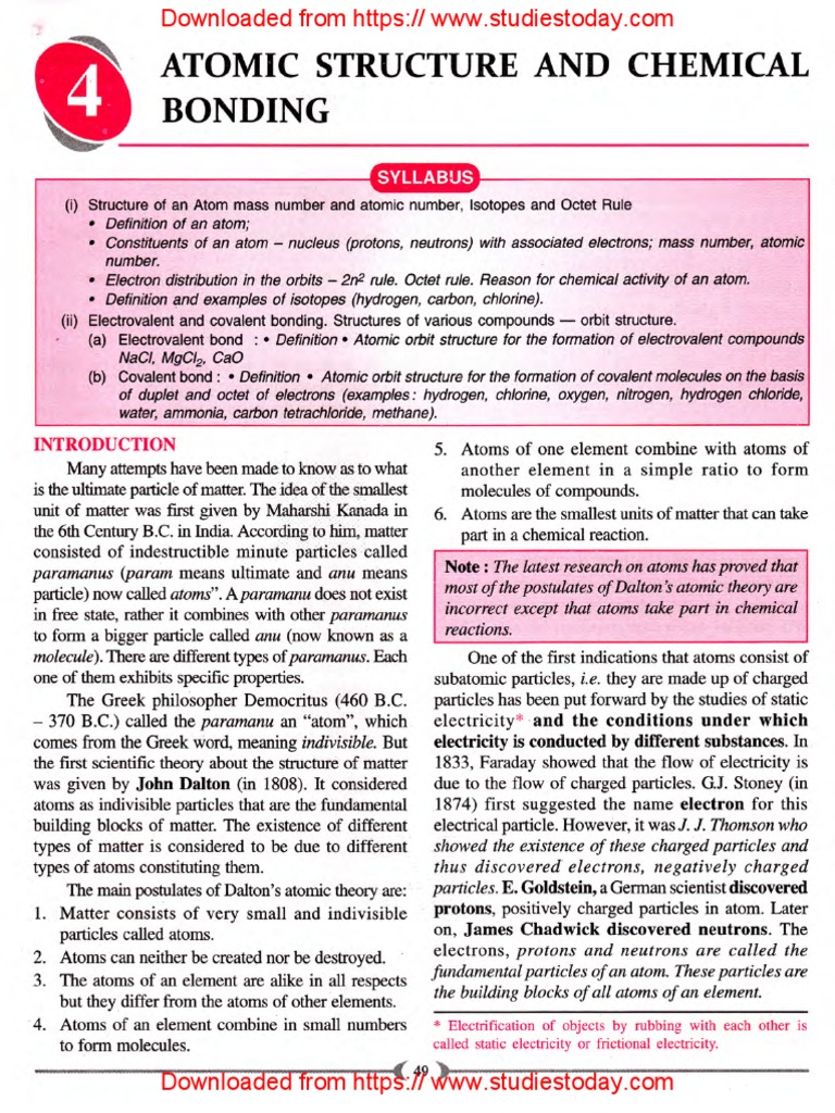 ICSE Class 9 Chemistry Chapter 04 Atomic Structure and Chemical Bonding ...