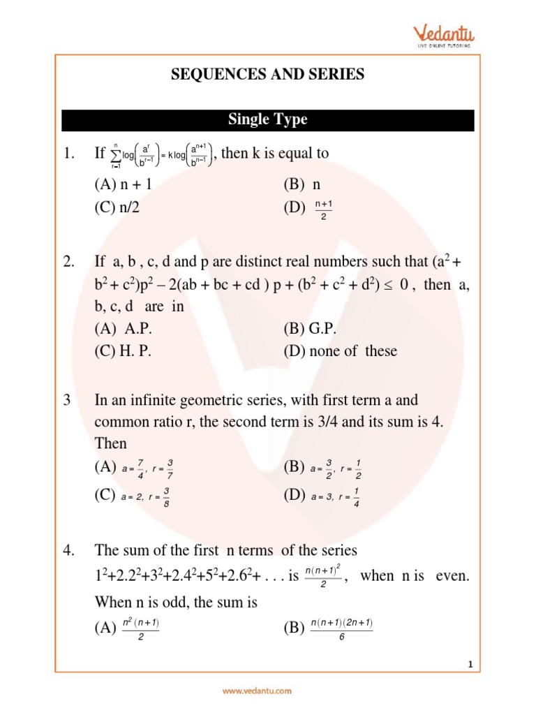 JEE Main Sequences and Series Important Questions | PDF | Numbers ...