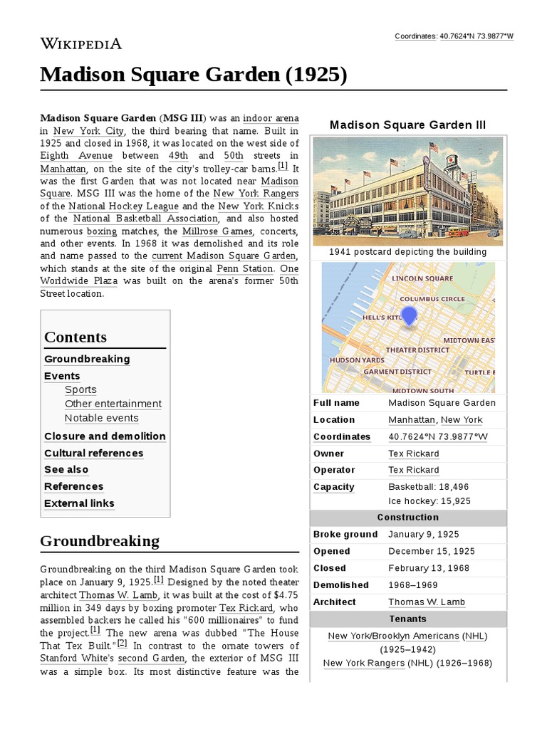 Madison Square Garden (MSG III) Was An Indoor Arena | PDF