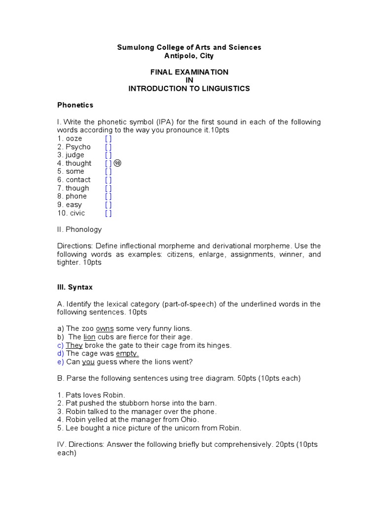 Final Exam Introduction To Linguistics | PDF Final Exam Introduction To Linguistics | PDF