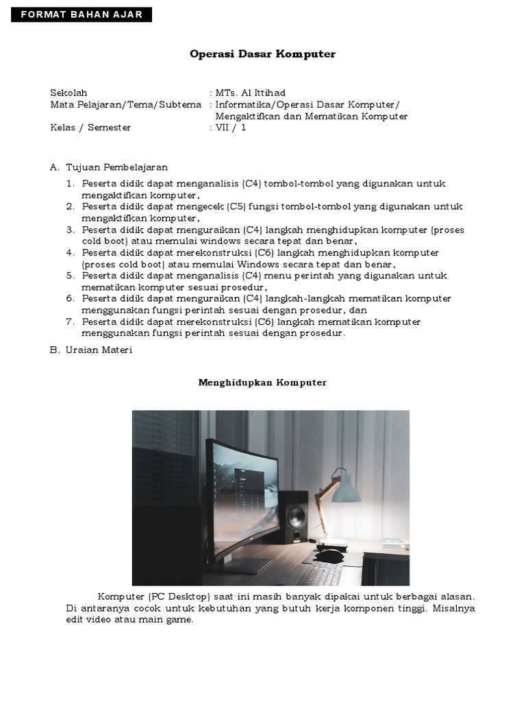 Bahan Ajar 1 Operasi Dasar Komputer | PDF