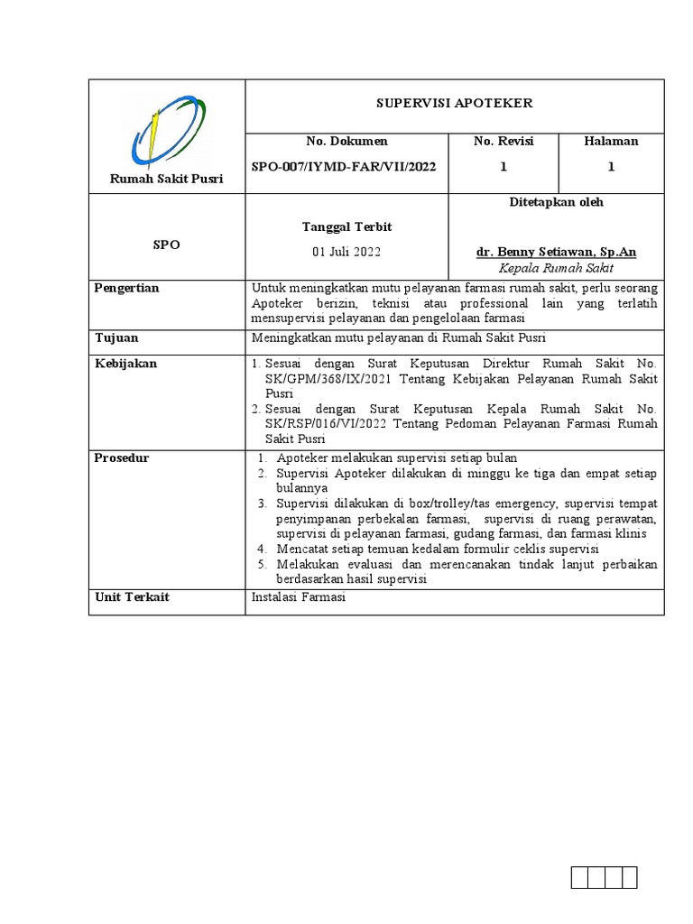 007 Spo Supervisi Apoteker | PDF | Kesehatan Holistik | Sains & Matematika
