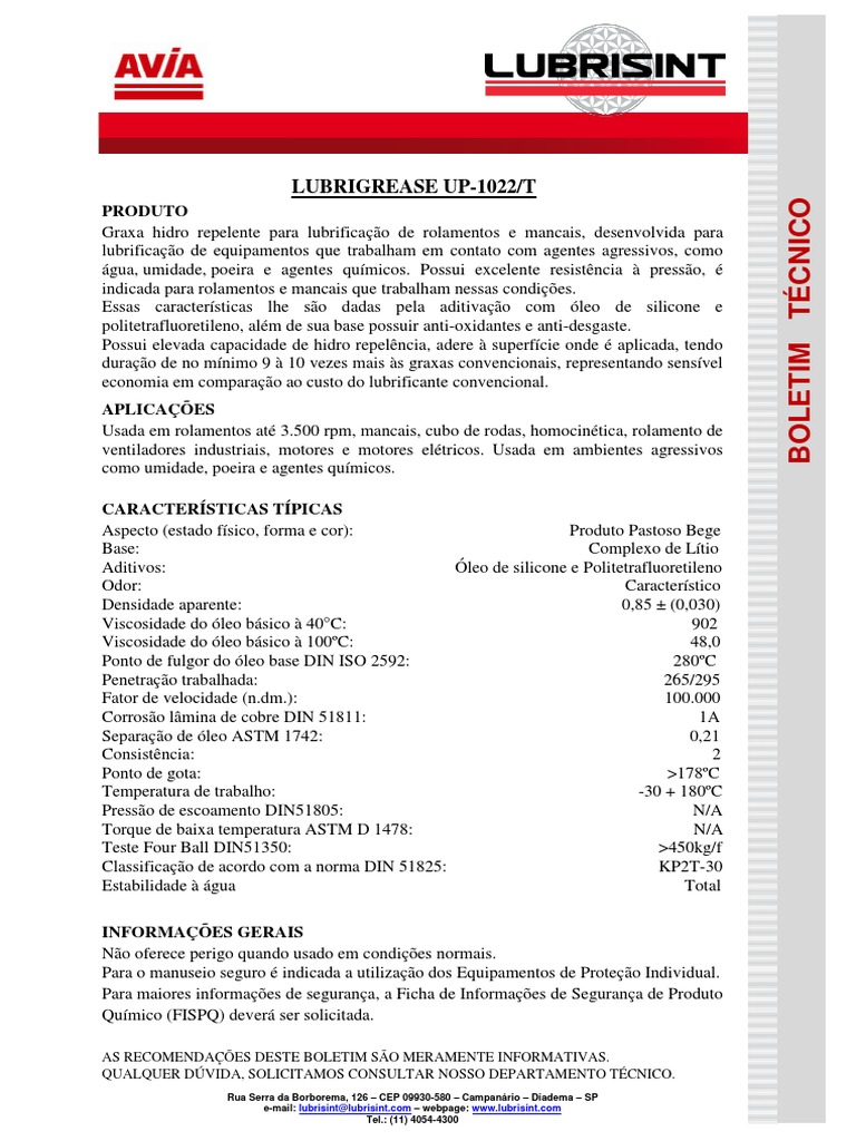 Graxa Lubrigrease UP-1022/T | PDF | Petróleo | Lubrificação