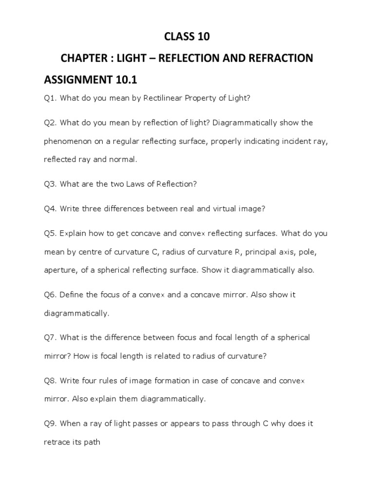 Class 10 Chapter: Light - Reflection and Refraction Assignment 10.1 ...