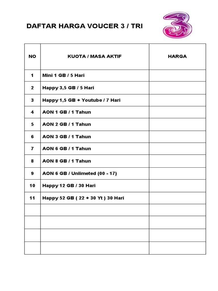 Daftar Harga Voucer 3 | PDF