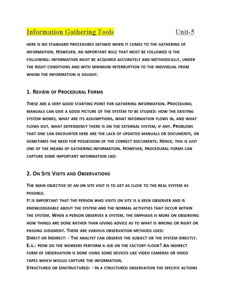 Information Gathering Tools Unit | PDF | Questionnaire | Interview
