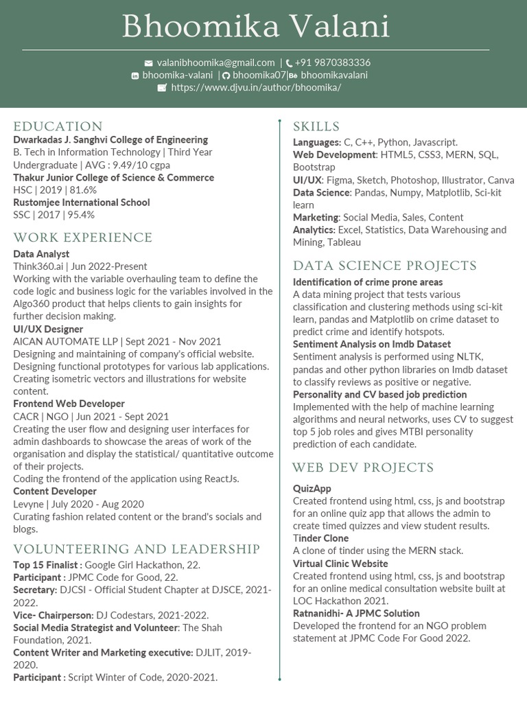 Bhoomika Valani's Resume - Skilled Frontend Developer and Data Analyst | PDF | User Interface ...