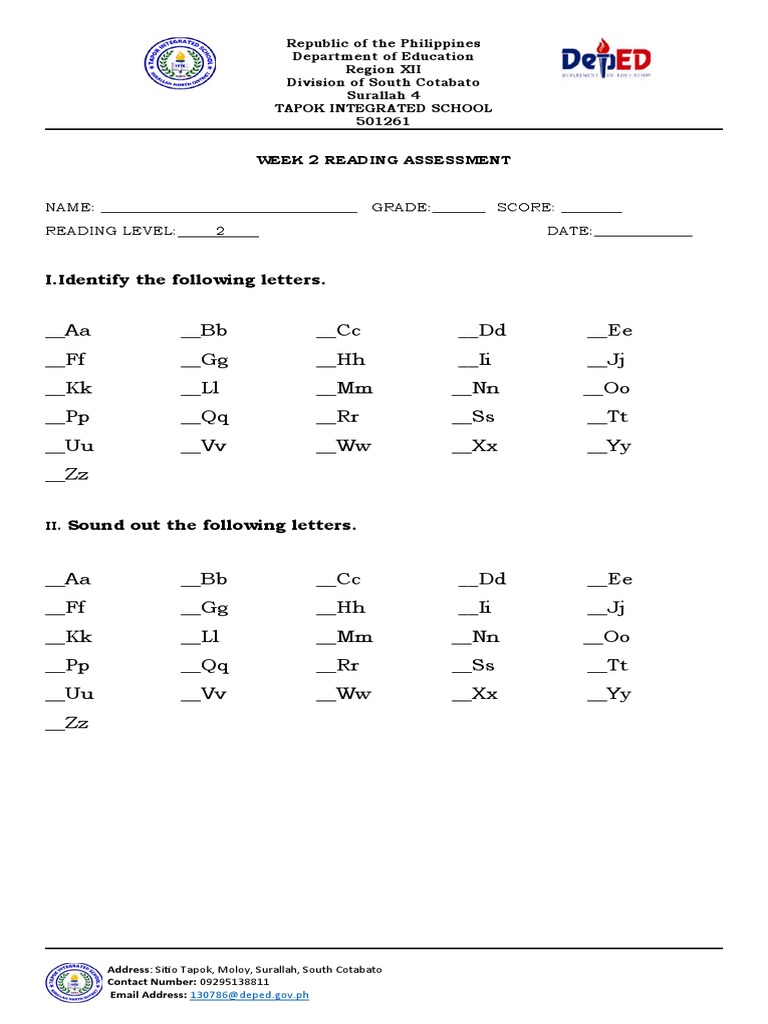 I.Identify The Following Letters.: Week 2 Reading Assessment | PDF ...