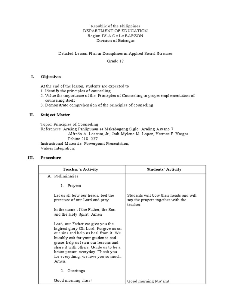 Detailed Lesson Plan DIASS | PDF | Psychotherapy | Empathy