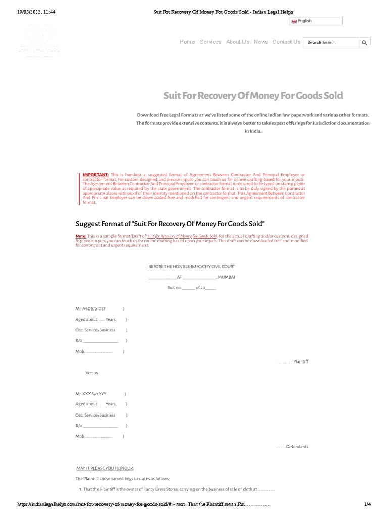 Suit For Recovery of Money For Goods Sold - Indian Legal Helps | PDF ...