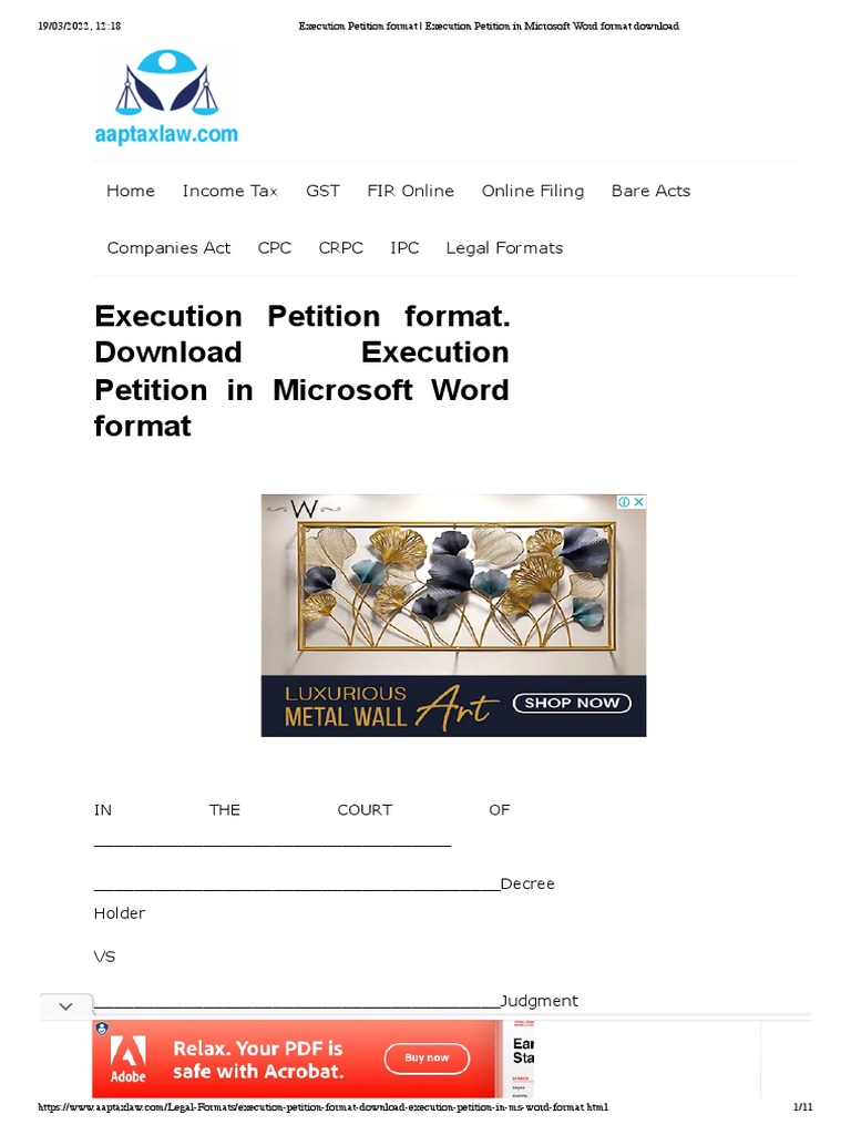 Execution Petition Format - Execution Petition in Microsoft Word Format ...