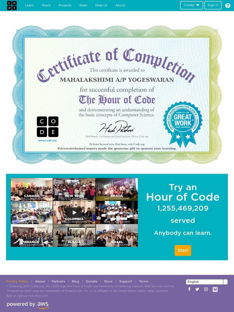 Certificate For Completion of One Hour of Code | PDF