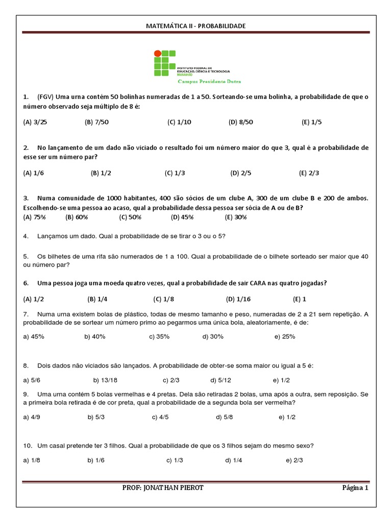 Exercício Probabilidade Resolvido | PDF | Probabilidade | Matemática