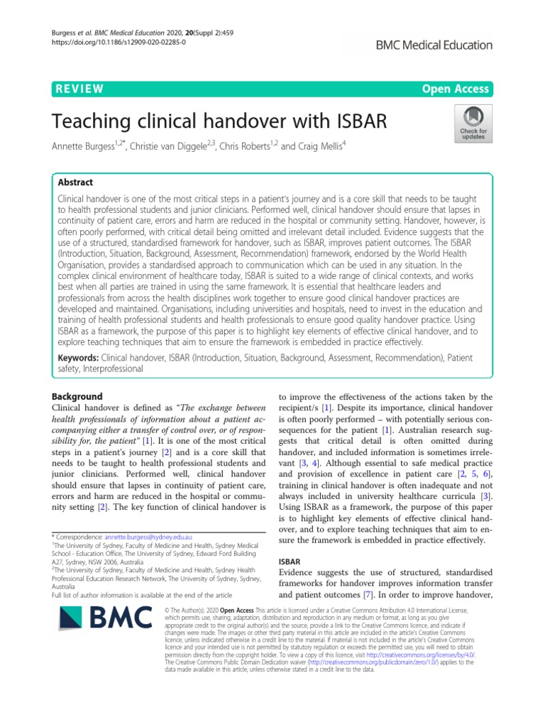 Teaching Clinical Handover With ISBAR: Review Open Access | PDF ...