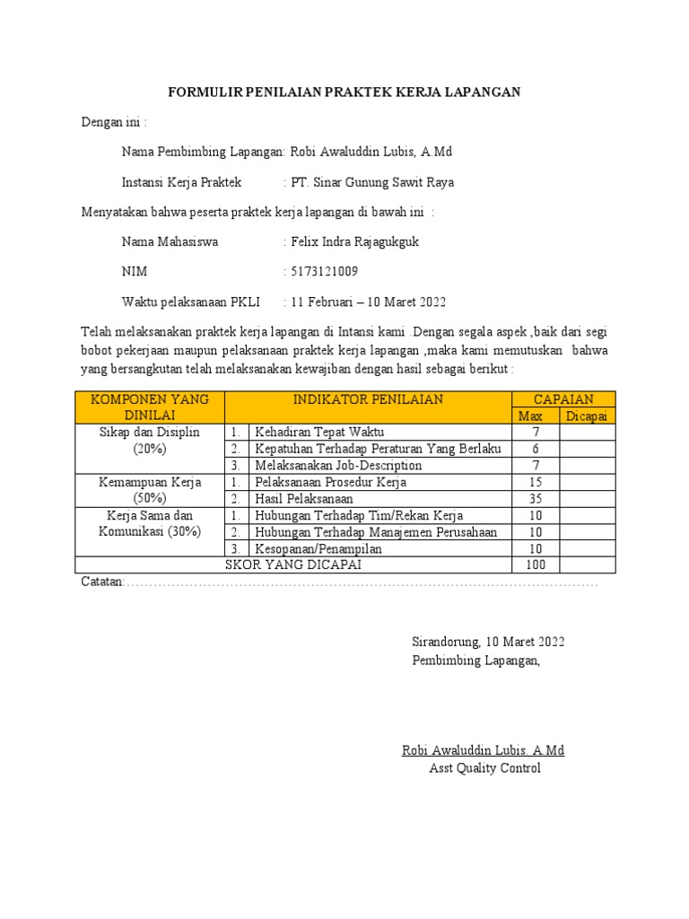 Formulir Penilaian PKL | PDF