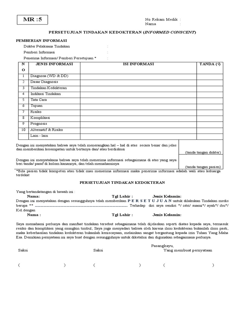 Formulir Persetujuan Tindakan Kedokteran (Informed Consent) | PDF