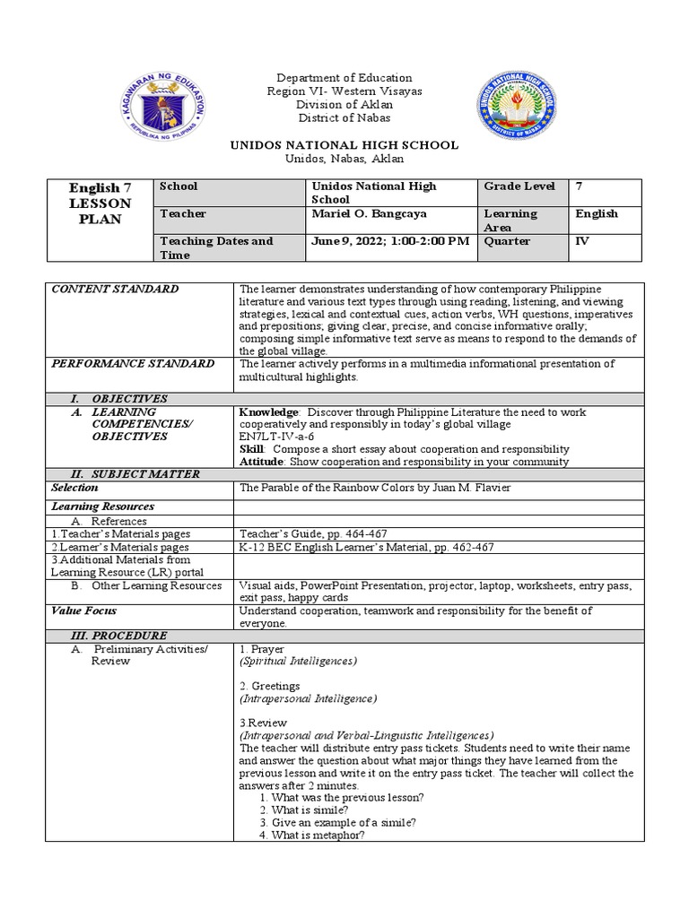 Cot Lesson Plan Fouth Quarter The Parable of The Rainbow Color June ...